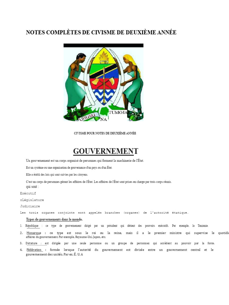 Notes complètes sur le civisme 2e année | PDF | Gouvernement | Constitution