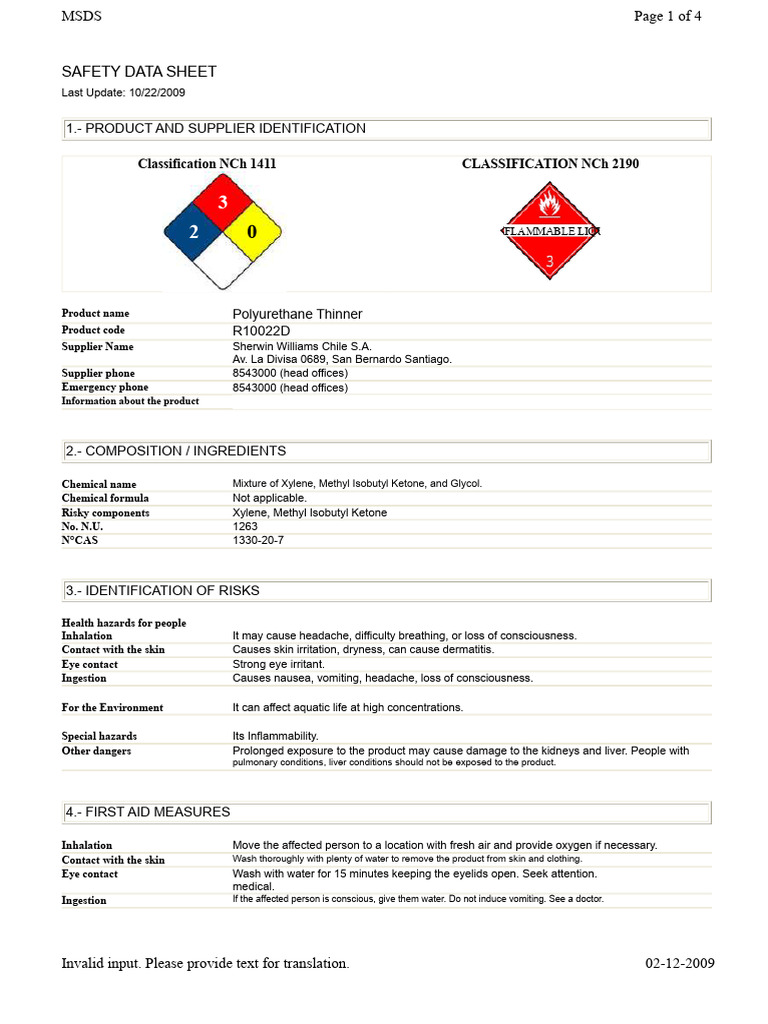 Polyurethane Thinner Safety Data Sheet | PDF | Water | Toxicity
