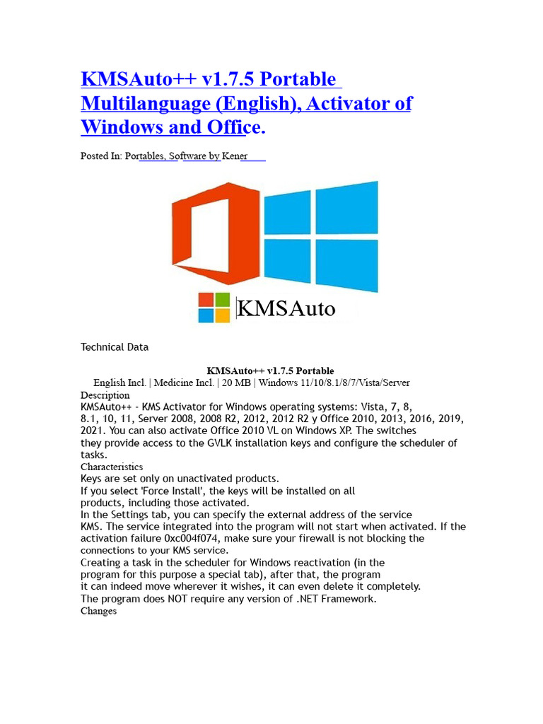 KMSAuto++ v1.7.5 Portable Multilanguage (English), Windows and Office Activator. | PDF