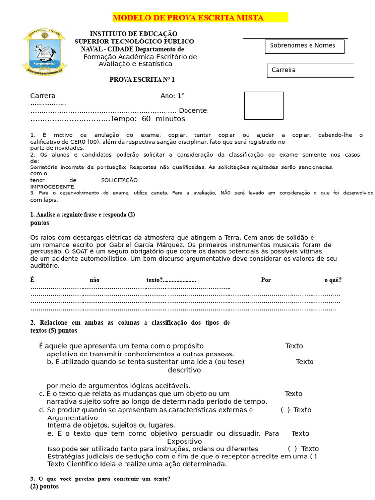Prova Escrita Mista: Modelo e Instruções | PDF | Física
