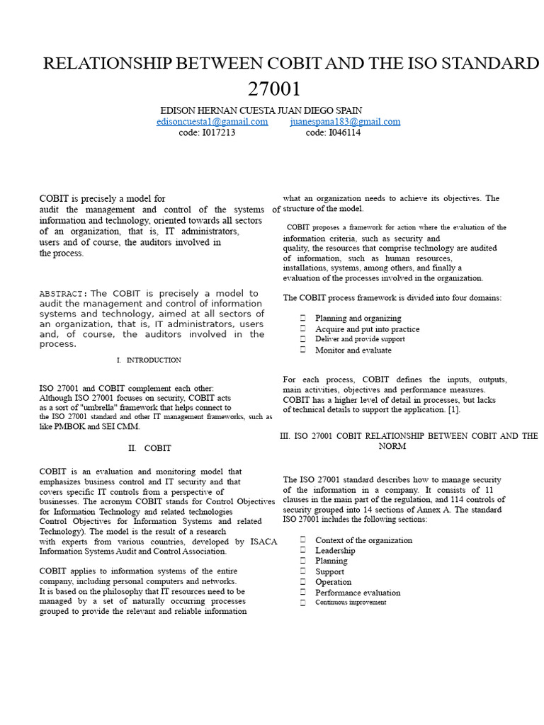 Relationship Between Cobit and ISO 27001 | PDF | Cobit | Audit