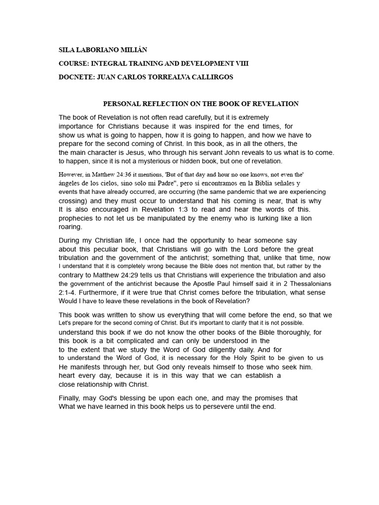 Personal Reflection On The Book of Revelation | PDF | Book Of Revelation | Jesus