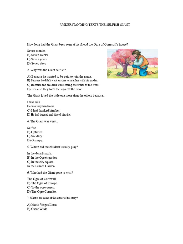 Text Comprehension The Selfish Giant | PDF