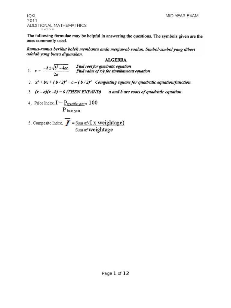Add Math Mid Year Exam Form 4 Paper 1 | PDF