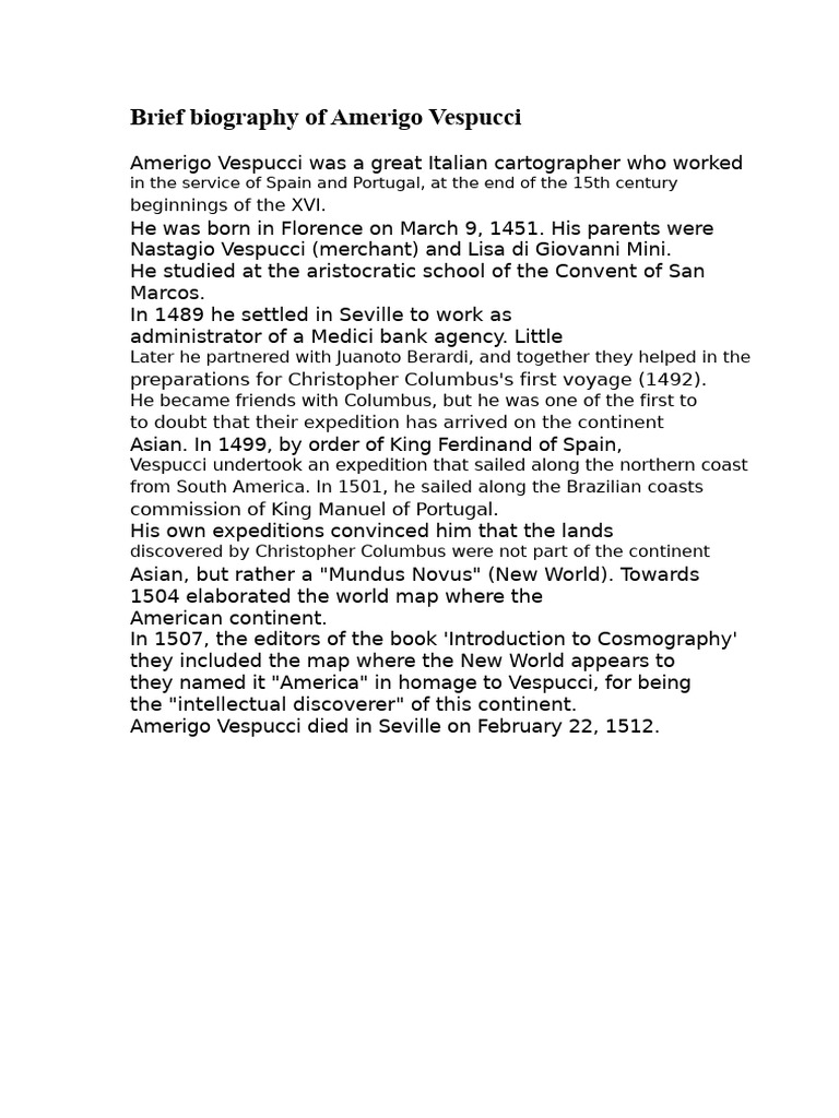 Brief Biography of Amerigo Vespucci | PDF | New World | European ...