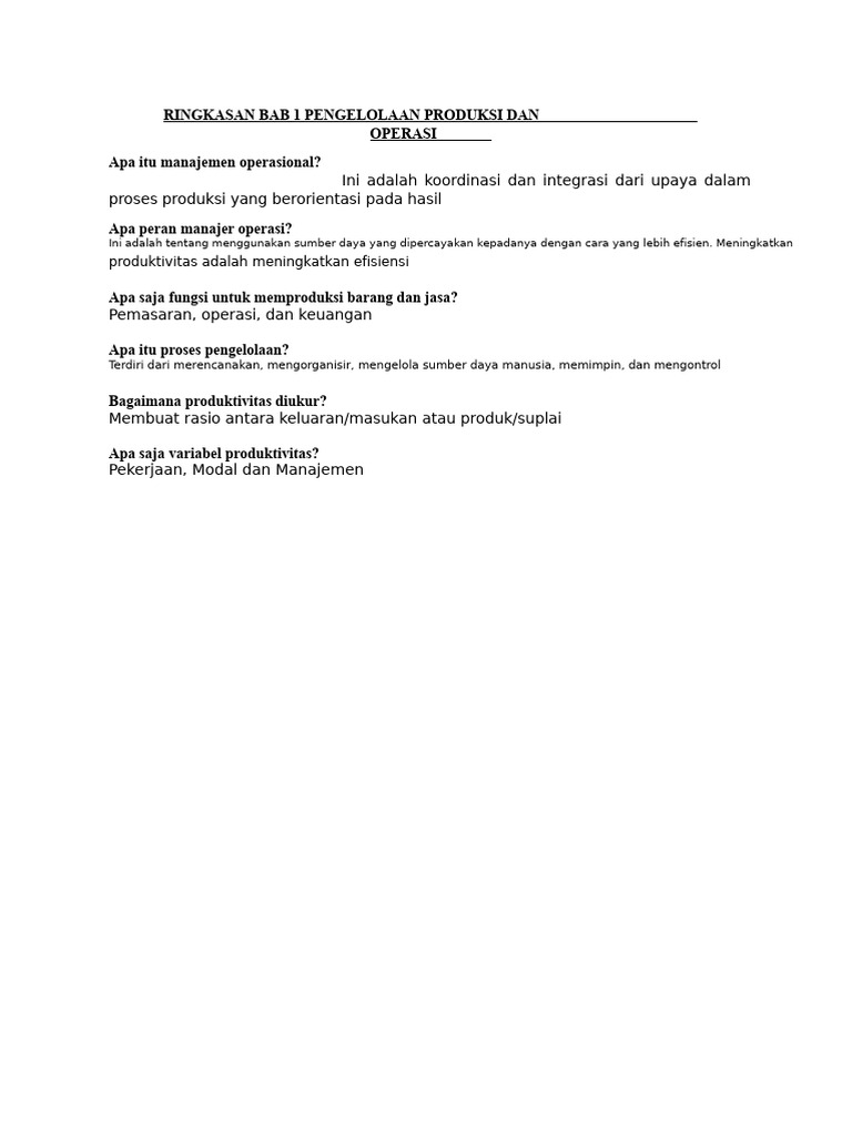 Ringkasan Bab 1 Manajemen Produksi Dan Operasi | PDF