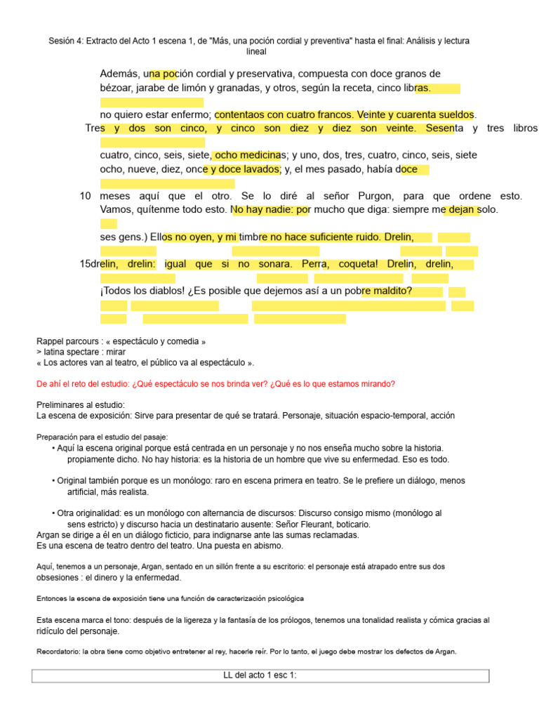 Comentario Lineal 1 Acto I Escena 1 | PDF | Monólogo | Molière