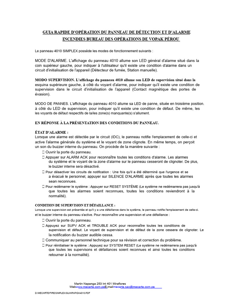 Guide d'utilisation du panneau 4010 Simplex | PDF