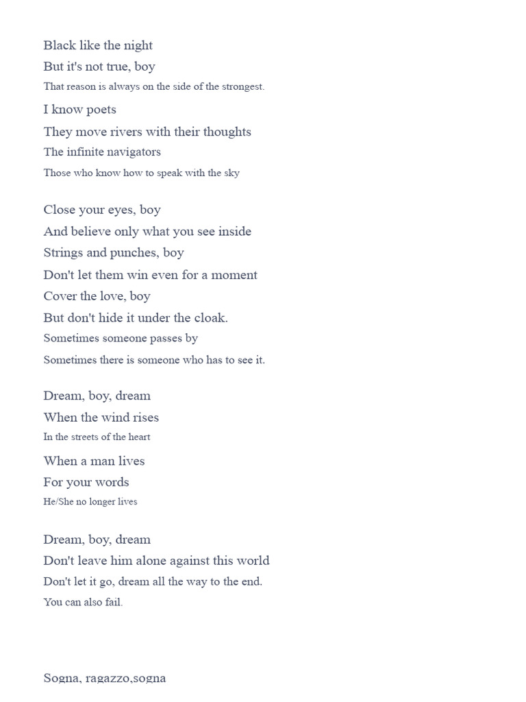 Dream Boy Dream, Lyrics and Meaning of The Version by Vecchioni With ...