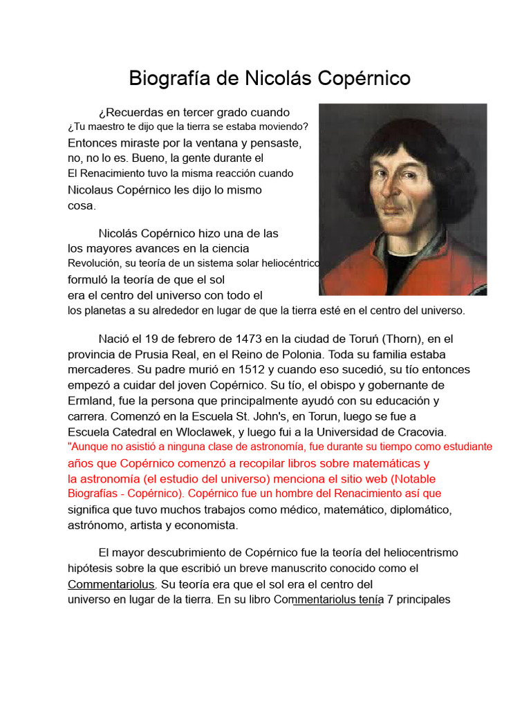 Biografía de Nicolás Copérnico y su Heliocentrismo | PDF | Nicolás ...