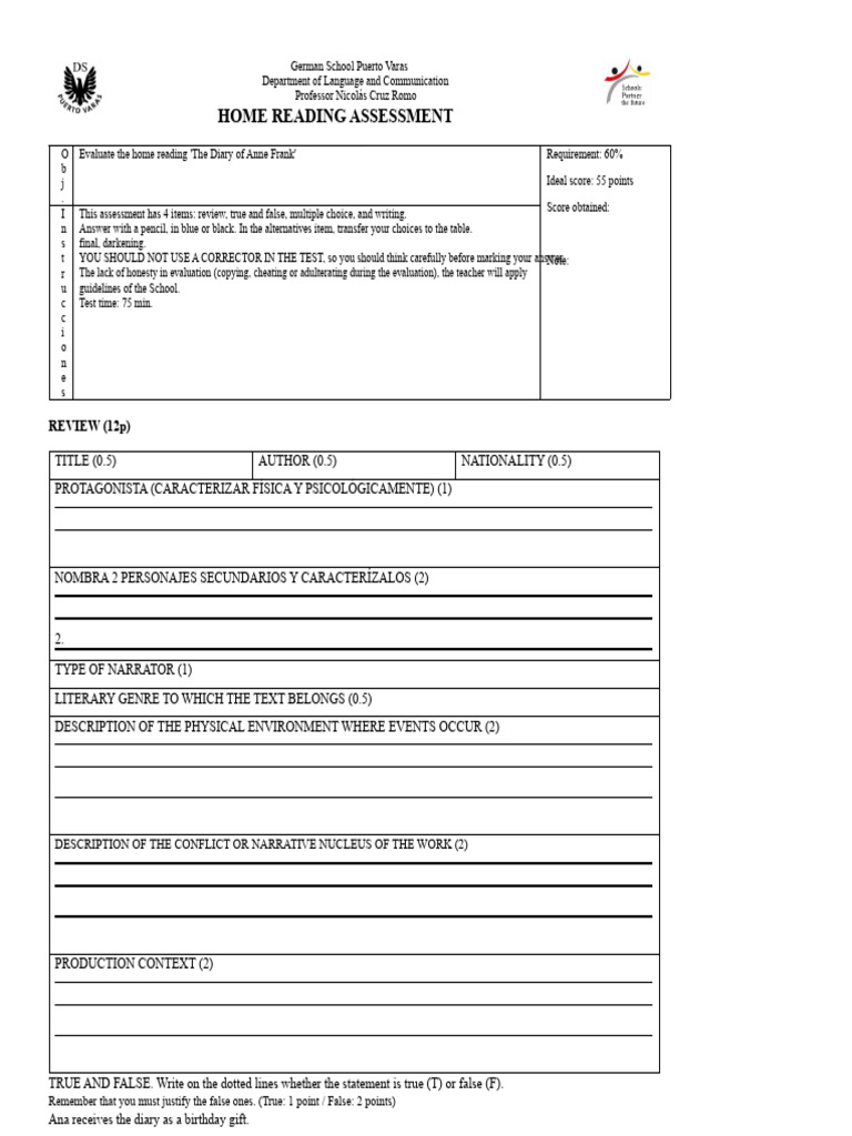 Evaluation - The Diary of Anne Frank | PDF