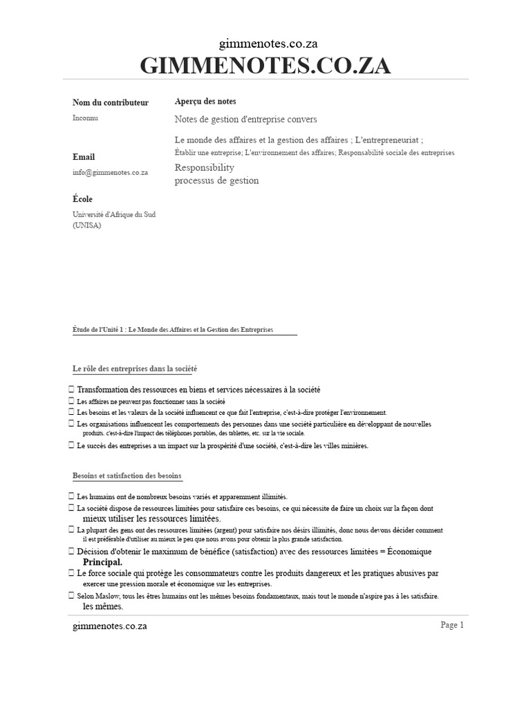 Notes D'étude MNB1501 | PDF | Entrepreneuriat | Business