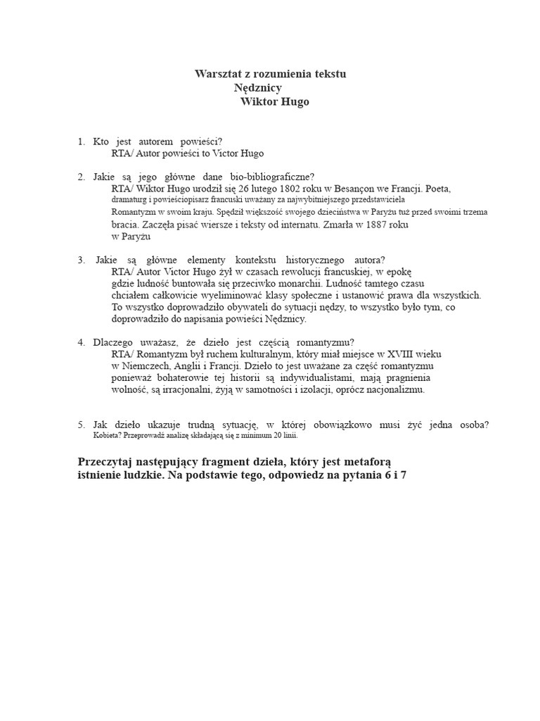 Warsztaty Zrozumienia Tekstu Nędznicy | PDF