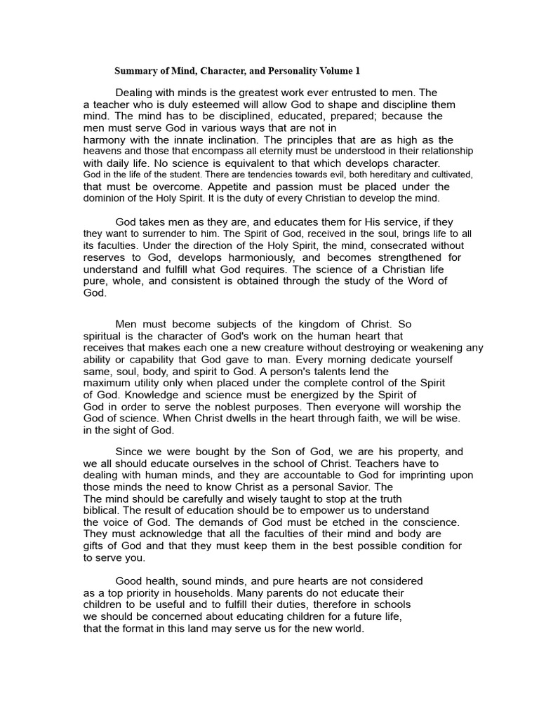 Summary Mind Character and Personality Volume 1 | PDF | God | Holy Spirit