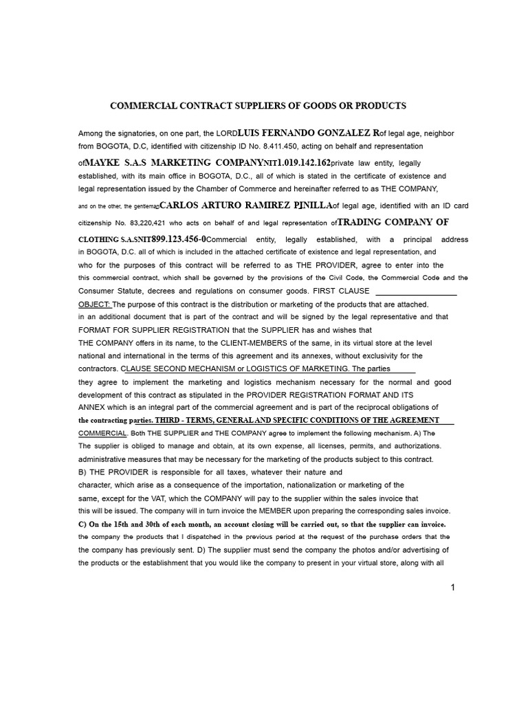 Commercial Contract Suppliers of Goods | PDF | Invoice | Justice