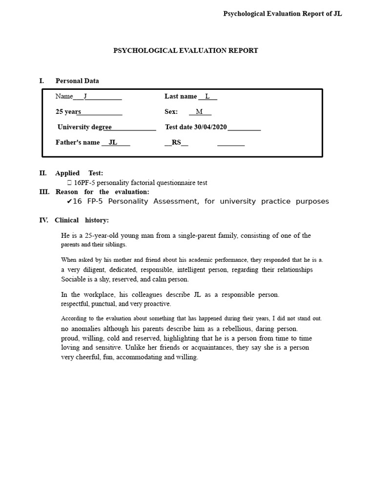 Report of Psychological Evaluation Test 16PF-5 JL | PDF | Psychological ...
