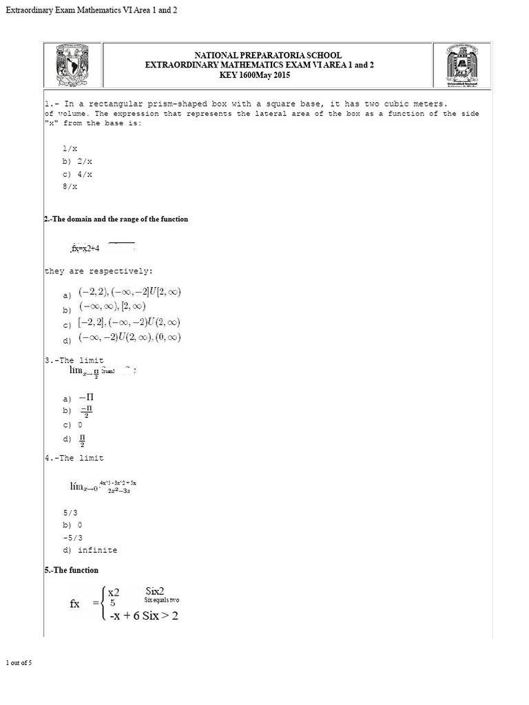 Extraordinary Math Exam VI Areas 1 & 2 | PDF | Derivative | Integral