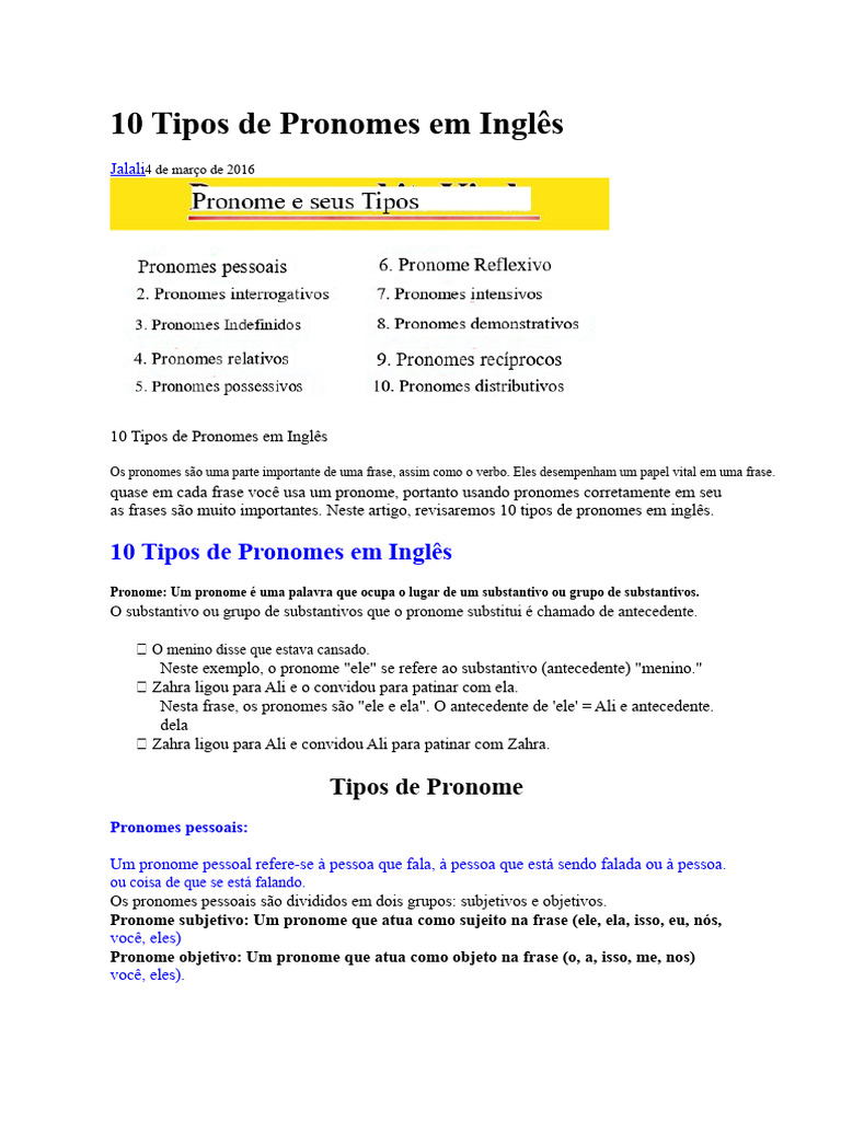 10 Tipos de Pronomes em Inglês | PDF | Pronome | Assunto (gramática)