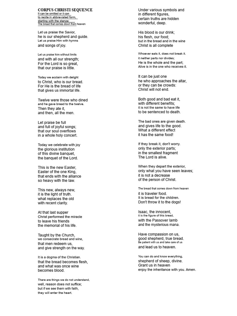 Corpus Christi Sequence | PDF | Eucharist | Jesus