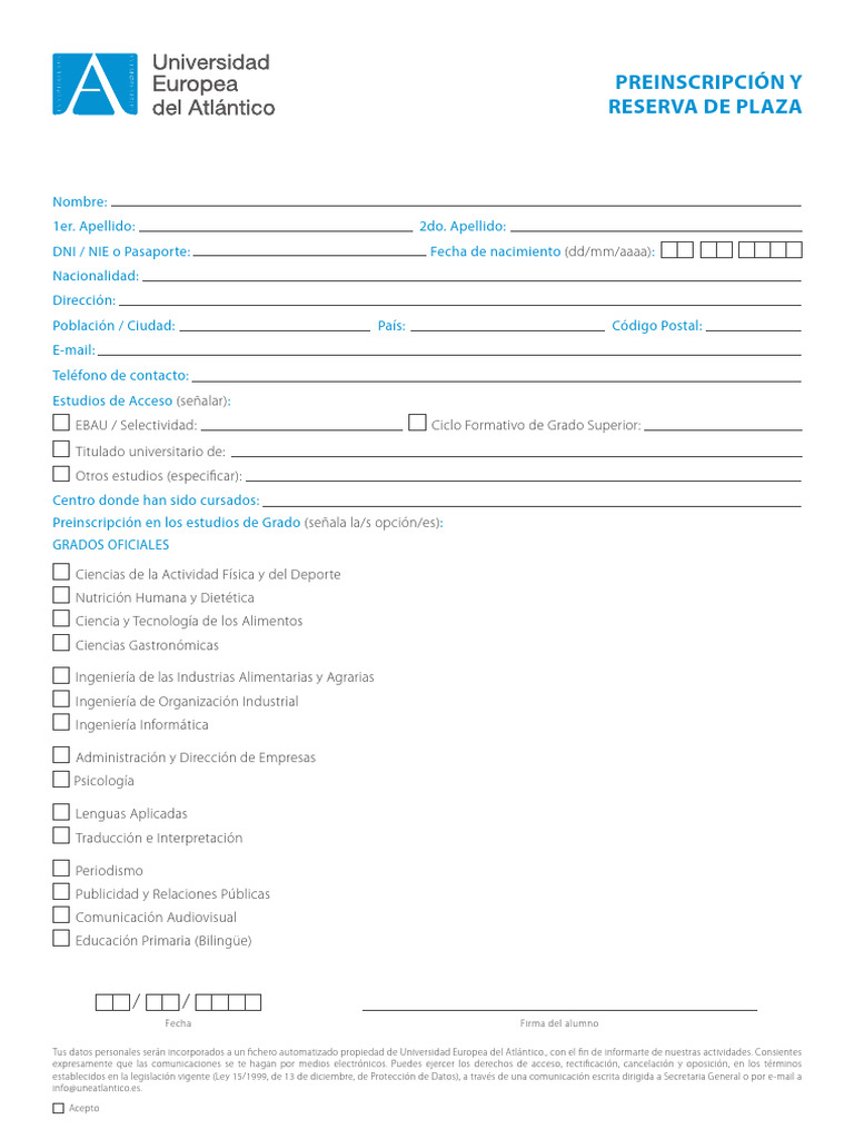 Uneatlantico Formulario Preinscripcion v2 | PDF