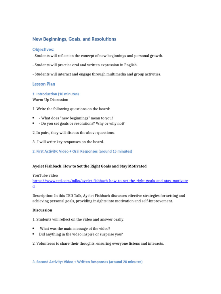 New Beginnings and Goal Setting Activities | PDF | Lesson Plan ...