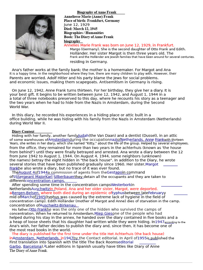 Biography of Anne Frank | PDF | Anne Frank | World War II