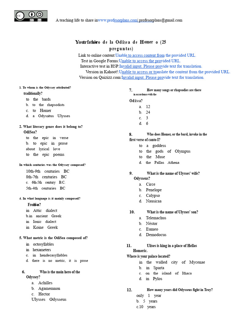 Basic Test of Homers Odyssey 25 Questions | PDF | Odysseus | Odyssey