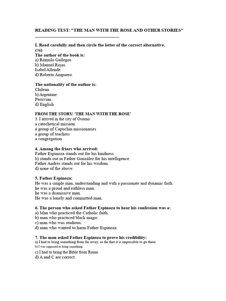 READING TEST The Man With The Rose and Other Stories Final | PDF