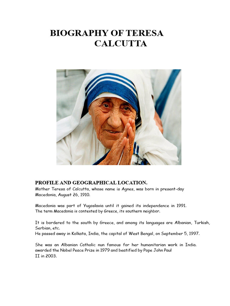 Biography of Mother Teresa of Calcutta | PDF | Mother Teresa | Catholic ...