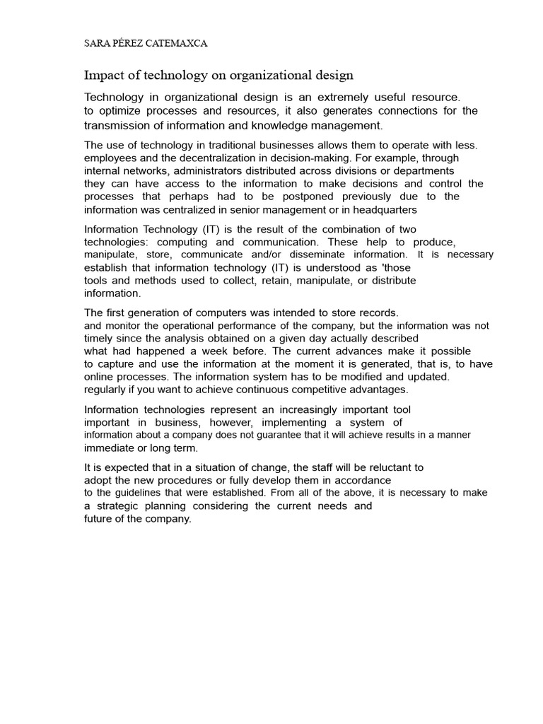 Impact of Technology On Organizational Design Summary | PDF