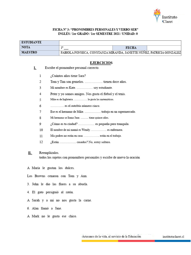 1° Medio Inglés Ejercicios Pronombres Personales y Verbo Ser Semana 12 ...