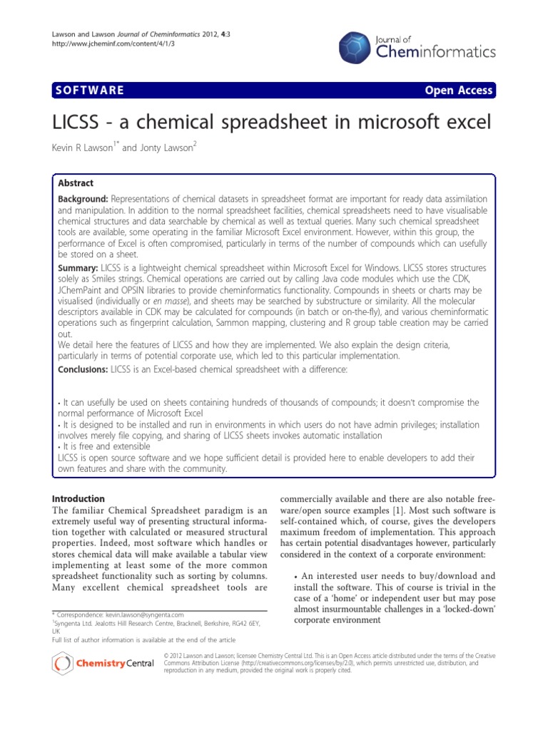 A Chemical Spread Sheet in Microsoft Excel | PDF | Microsoft Excel ...
