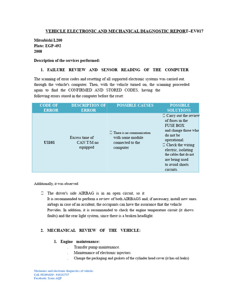 Vehicle Electronic and Mechanical Diagnostic Report - Ev017 | PDF ...