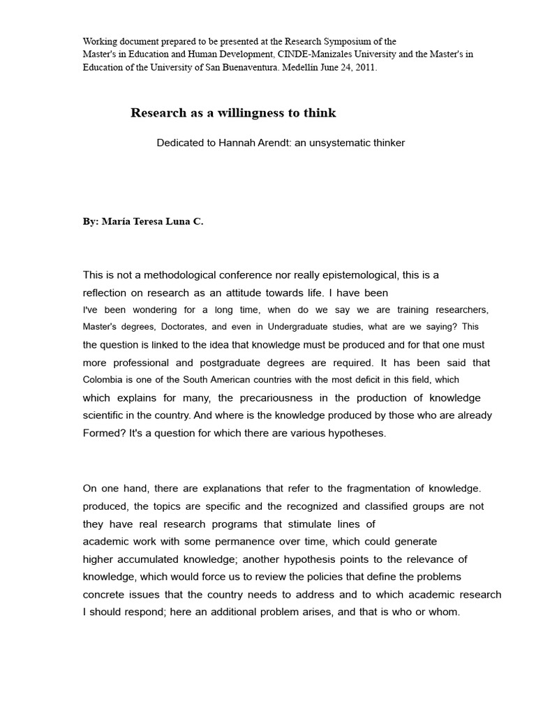 Research As A Willingness To Think. MTL | PDF | Thought | Knowledge