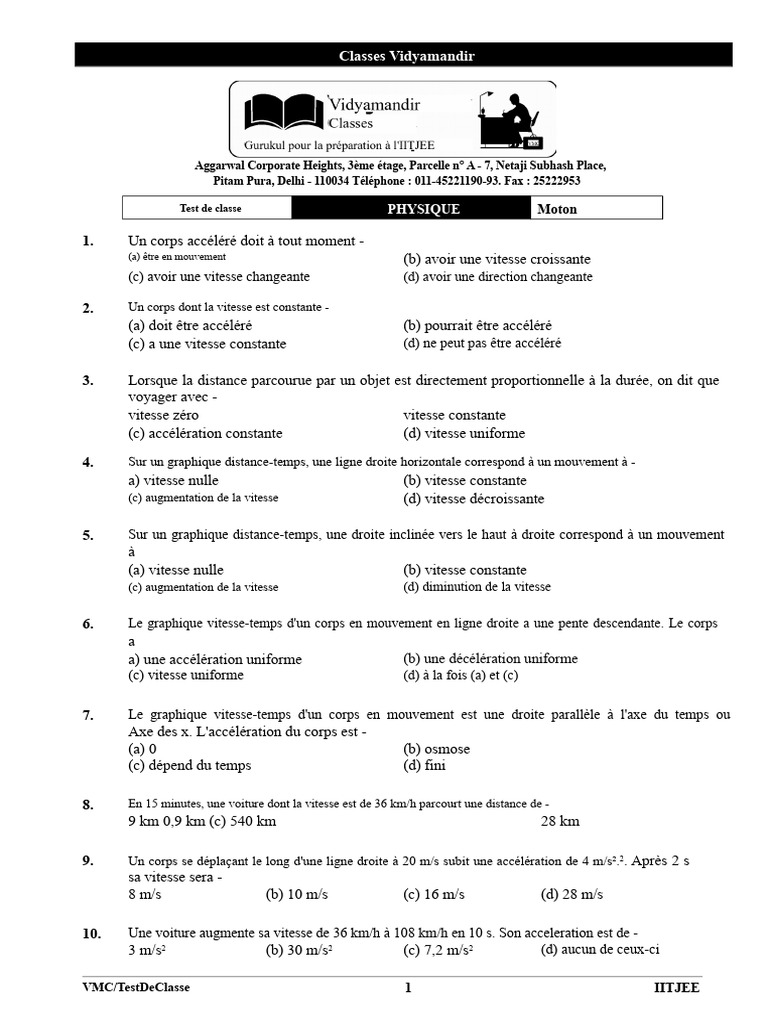 Test de classe en physique - Mouvement et vitesse | PDF | Vitesse ...
