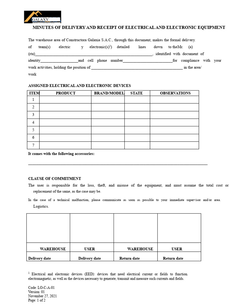 LO-C-A-01 Minutes of Handover and Reception of Electrical and ...