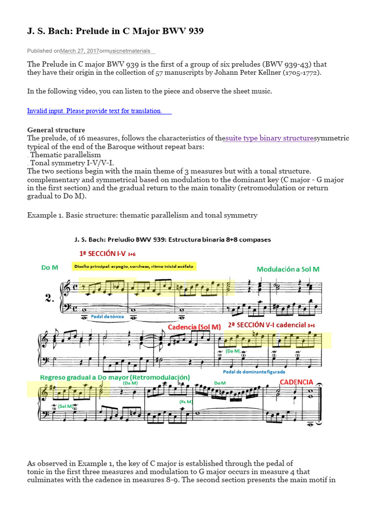 Bach's Prelude in C Major BWV 939 Analysis | PDF | Chord (Music) | Harmony