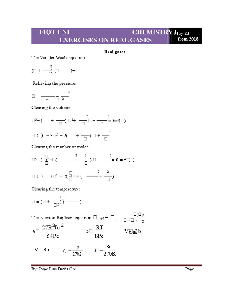 Real Gas Exercises and Solutions | PDF | Gases | Physical Sciences