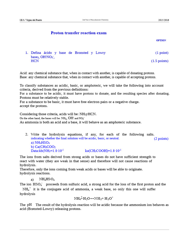 Proton Transfer Reactions Exam 2016 | PDF | Acid | Sodium Hydroxide