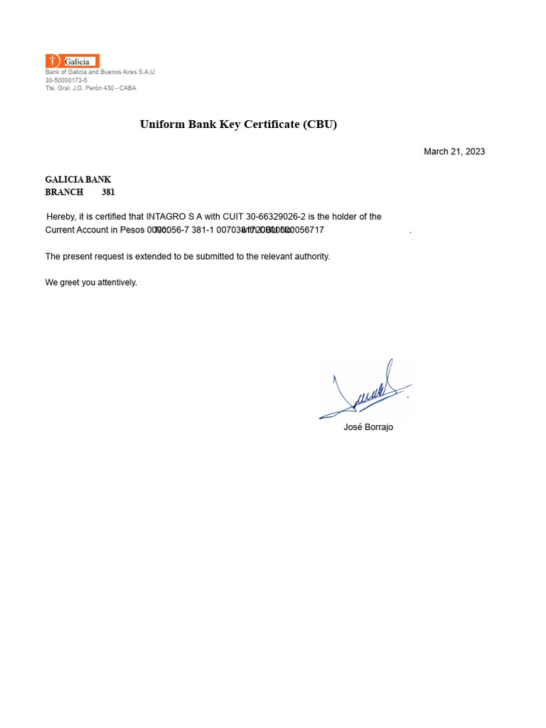 CBU Certificate - 30-66329026-2 | PDF