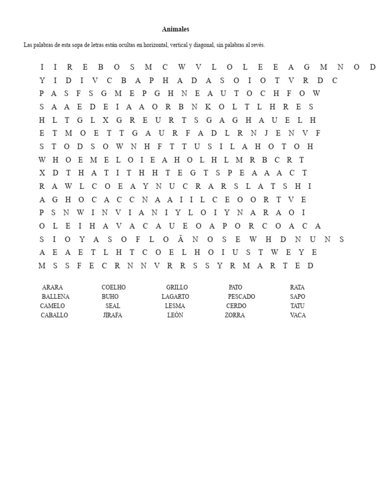Sopa de Letras de Animales | PDF