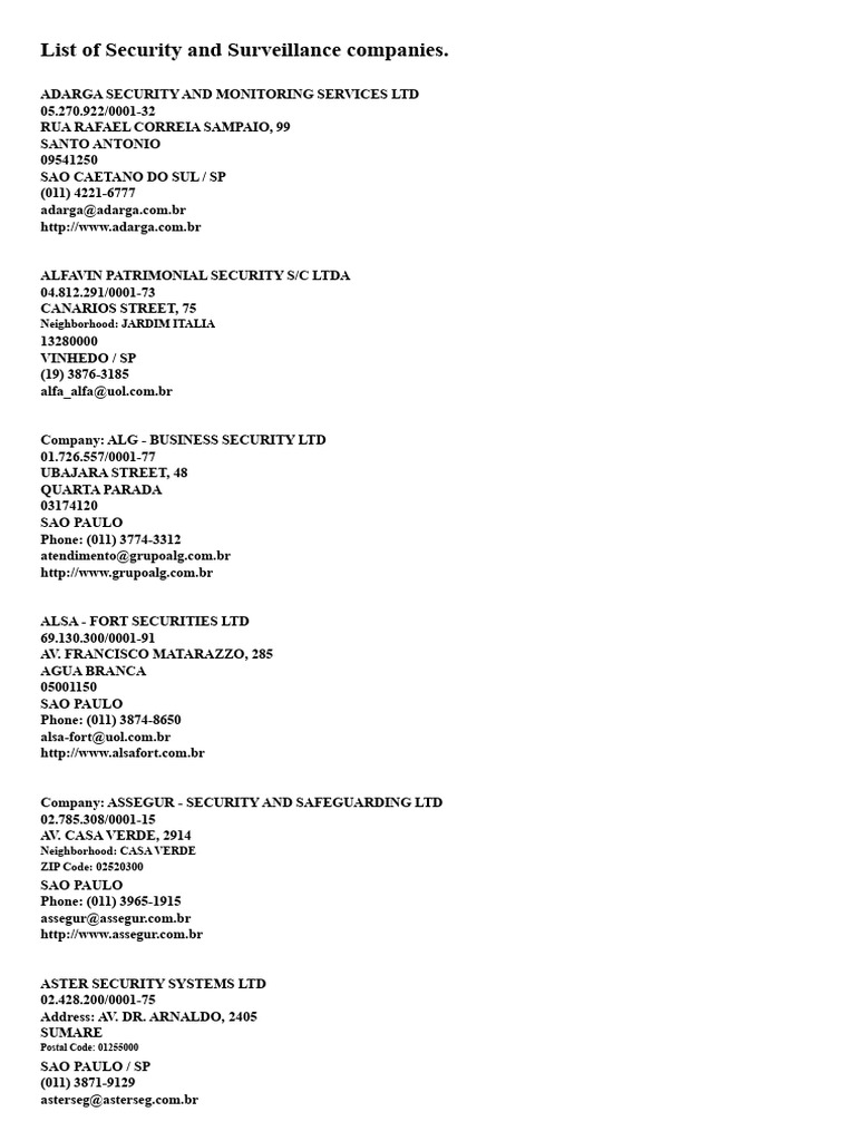 Security and Surveillance Companies List | PDF | Zip Code | Brazil