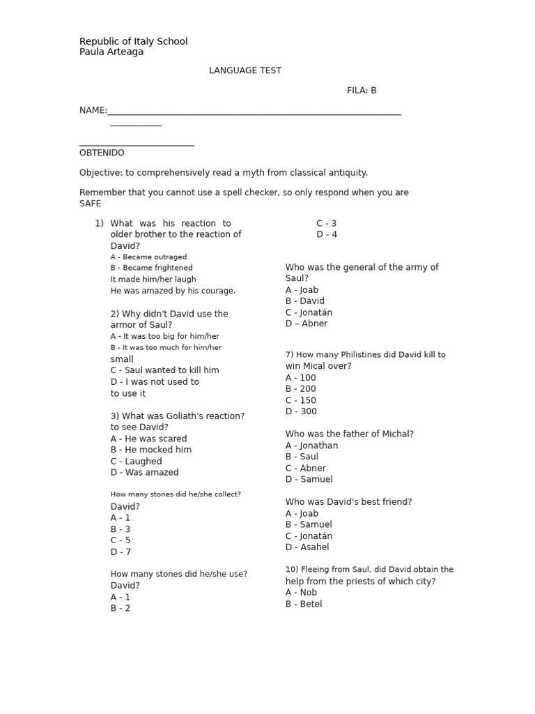 David and Goliath Test 6 Years Row B | PDF | David | Saul