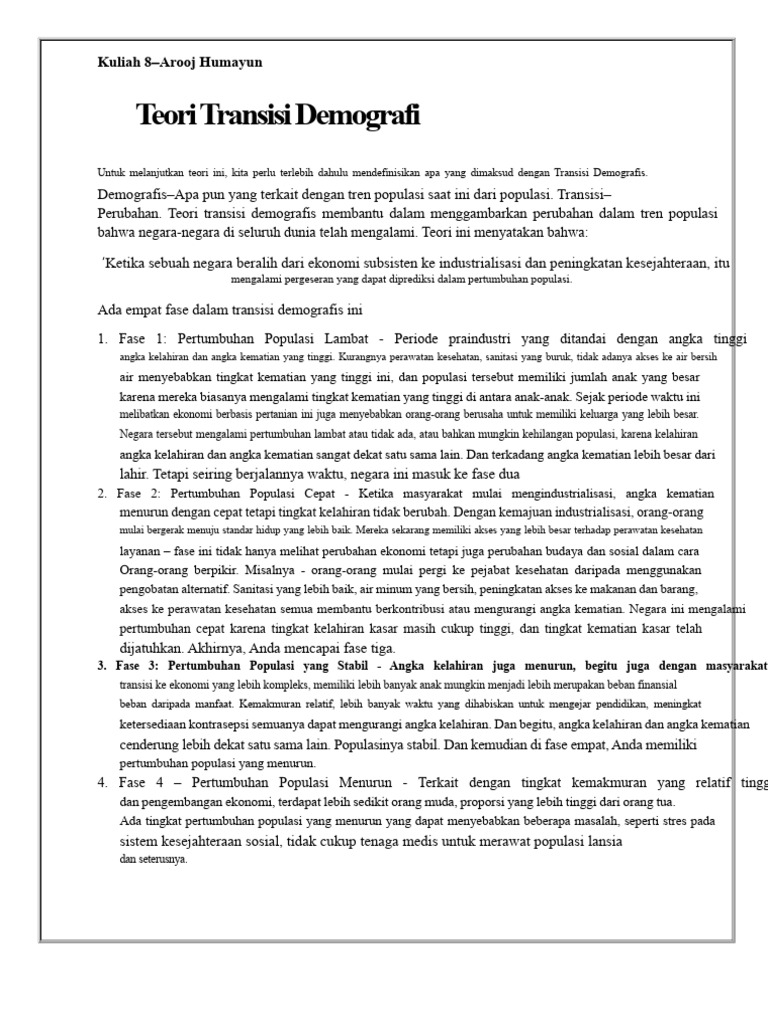 Teori Transisi Demografis: 4 Fase Utama | PDF