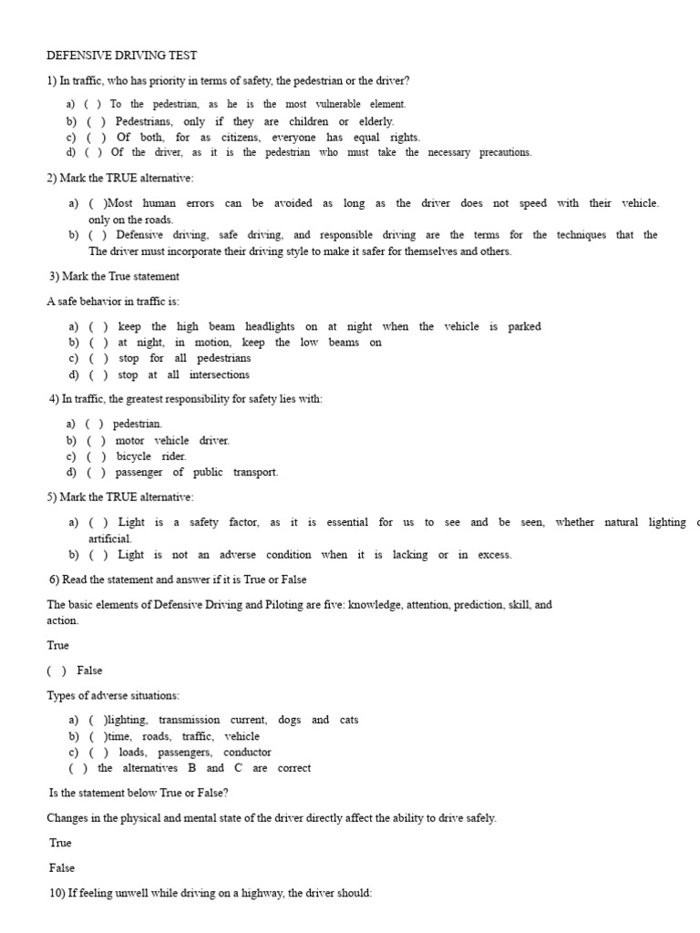Defensive Driving Test | PDF | Traffic | Driving