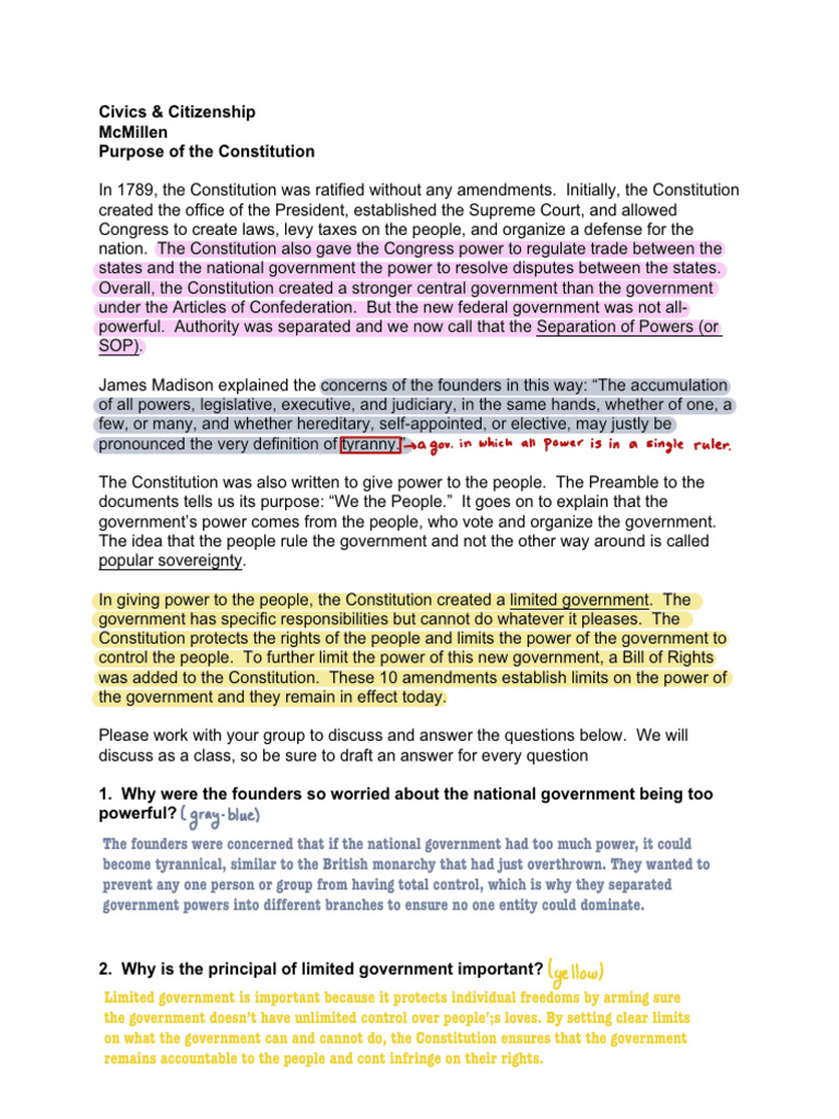 Purpose of the U.S. Constitution Explained | PDF