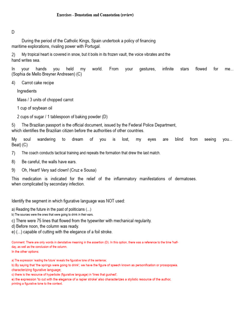 Exercises Review Denotation and Connotation - Answer Key | PDF