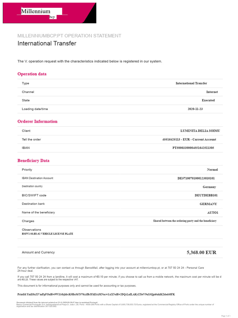 International Transfer Statement - BCP | PDF | Euro | Payments