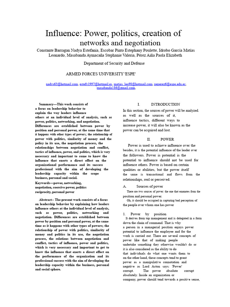 PAPER - Influence - Power, Politics, Network Creation, and Negotiation ...