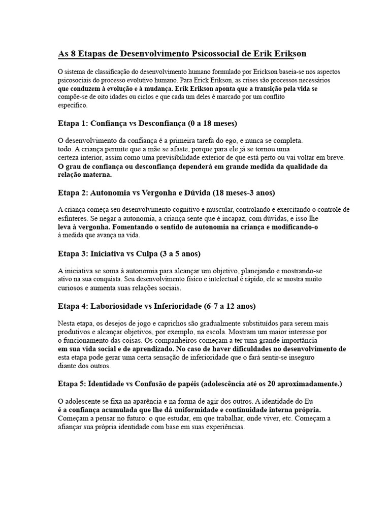 As 8 Etapas de Desenvolvimento Psicossocial de Erik Erikson | PDF | Adolescência | Amor